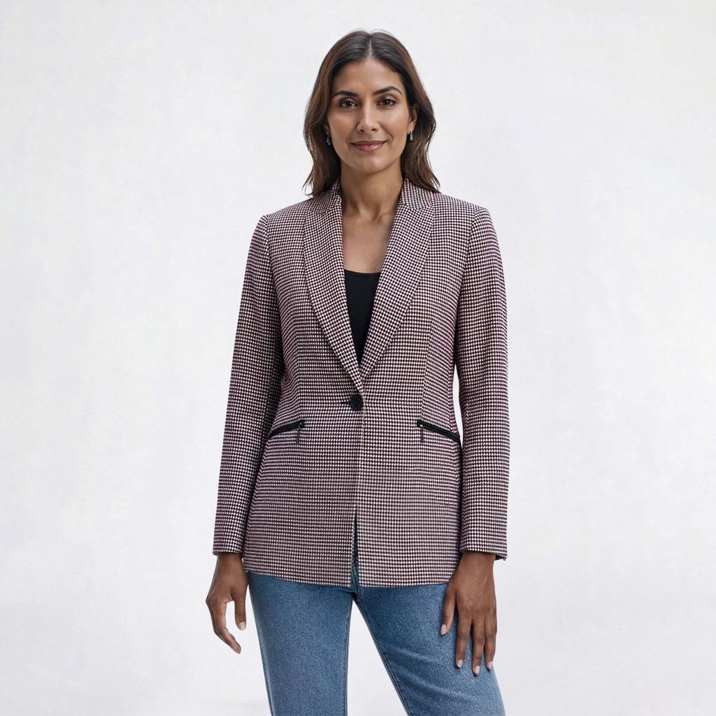 Kasper Womens Houndstooth One-Button Jacket  Regular & Petite - Black/Fire Red Multi